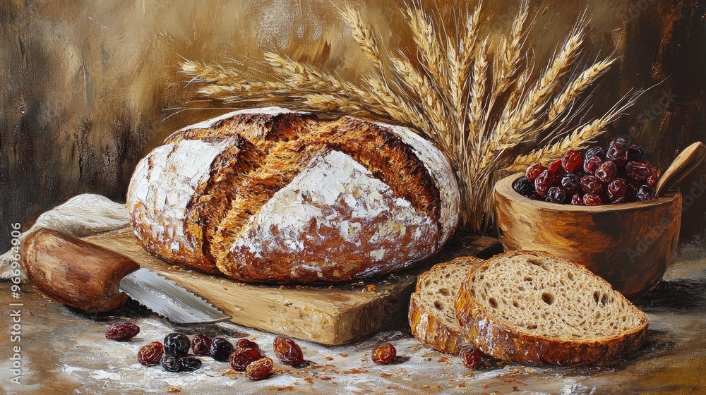 Oil painting of sweet rye bread made from dough with flour starter malt ...