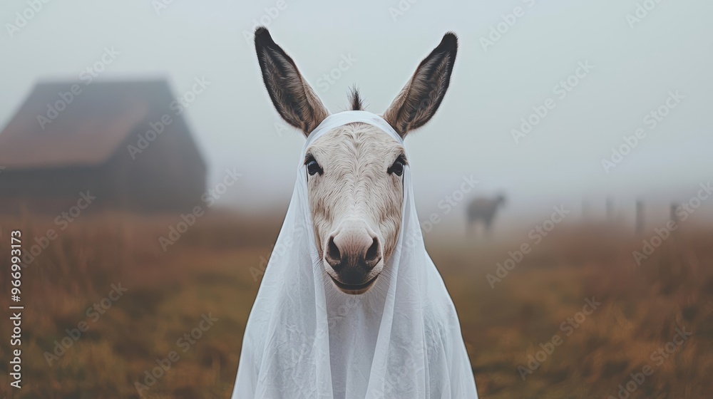 Donkey dressed as a ghost walking through a haunted farm, ghost donkey ...
