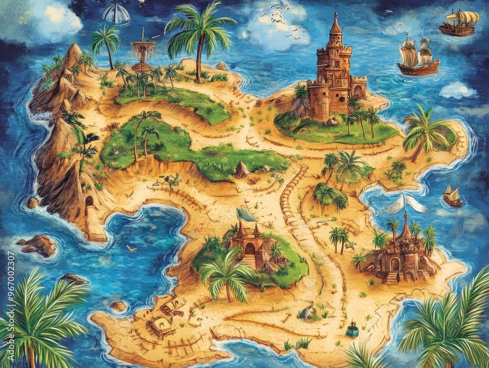 Fantasy island map illustration featuring a fictional land concept ...