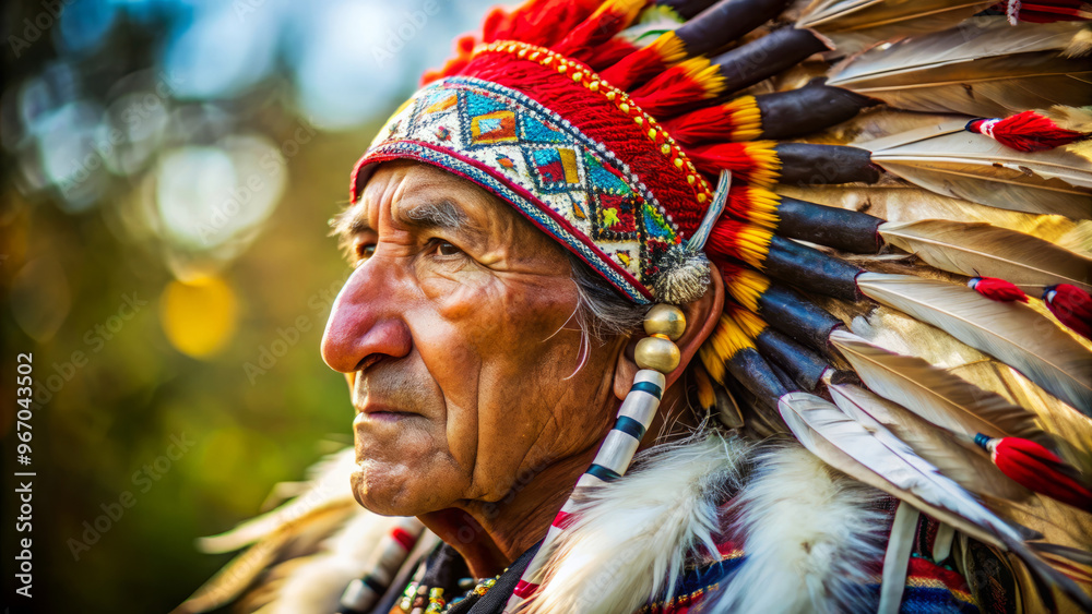 Native American Elder In Traditional Headdress. Close-Up Portrait ...