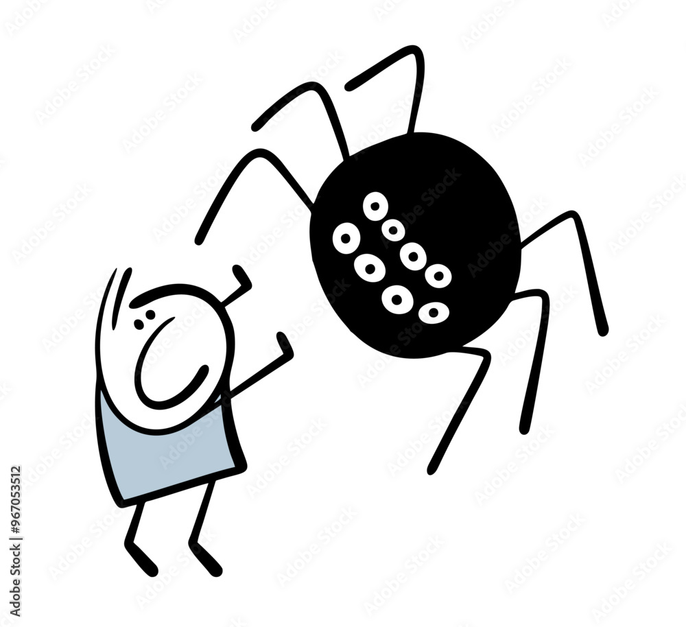 Unfortunate cartoon boy suddenly met a huge spider. Vector cartoon ...