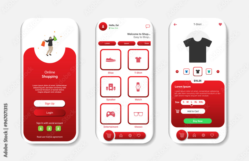 Online shopping design for mobile app. Shopping platform screens with product. Graphical user ...
