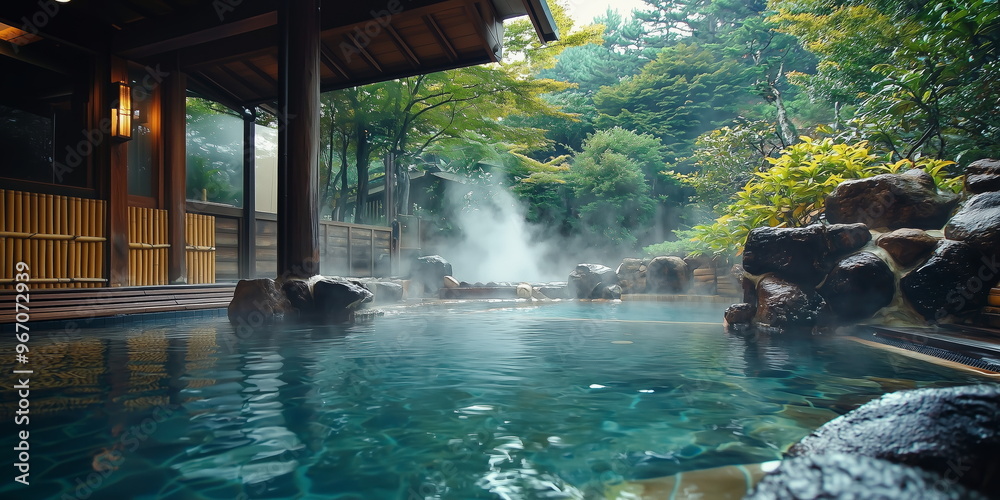 Japanese Hot spring bath. Tradaitonal style architecture ryokan. Wide ...