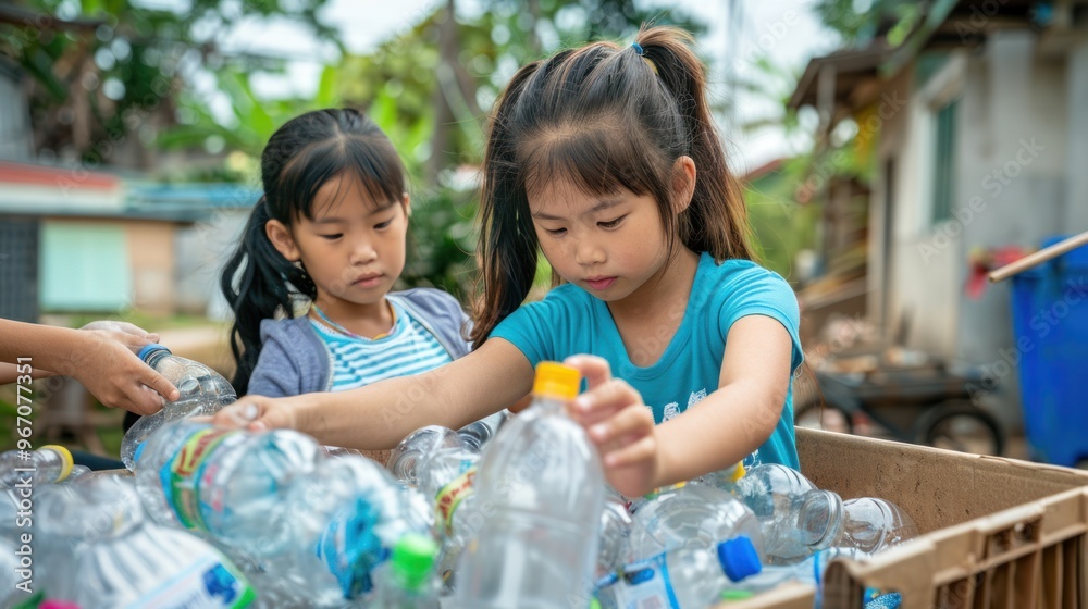 Photographs of female volunteers and children Asian people collecting ...