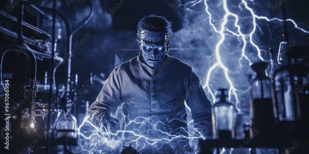 Frankenstein's monster standing in a mad scientistaes lab as lightning ...