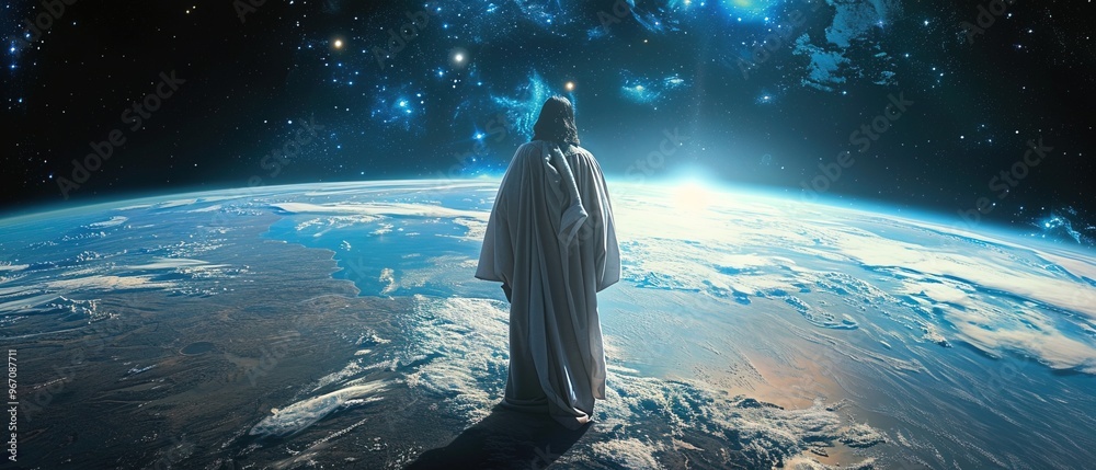 Jesus as the redeemer watching over the earth from space Stock ...