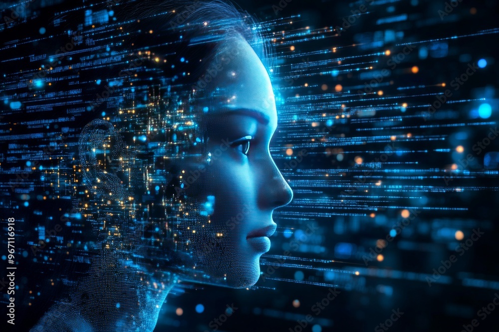 Neural impulse bioinformatics perceptual field and neuroprocessing digital female head ...