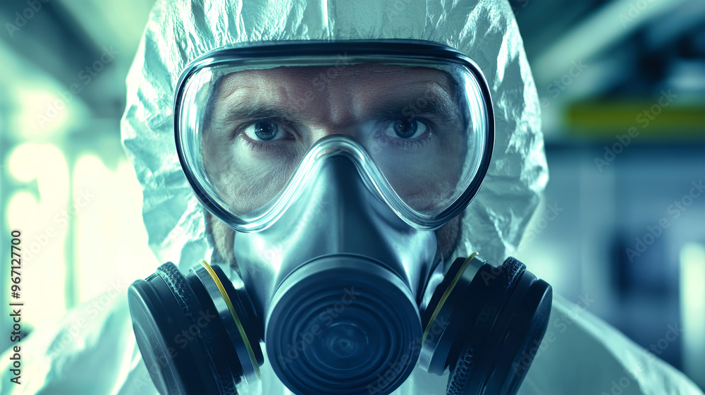 This close-up captures a man donning a hazmat suit and gas mask in a ...
