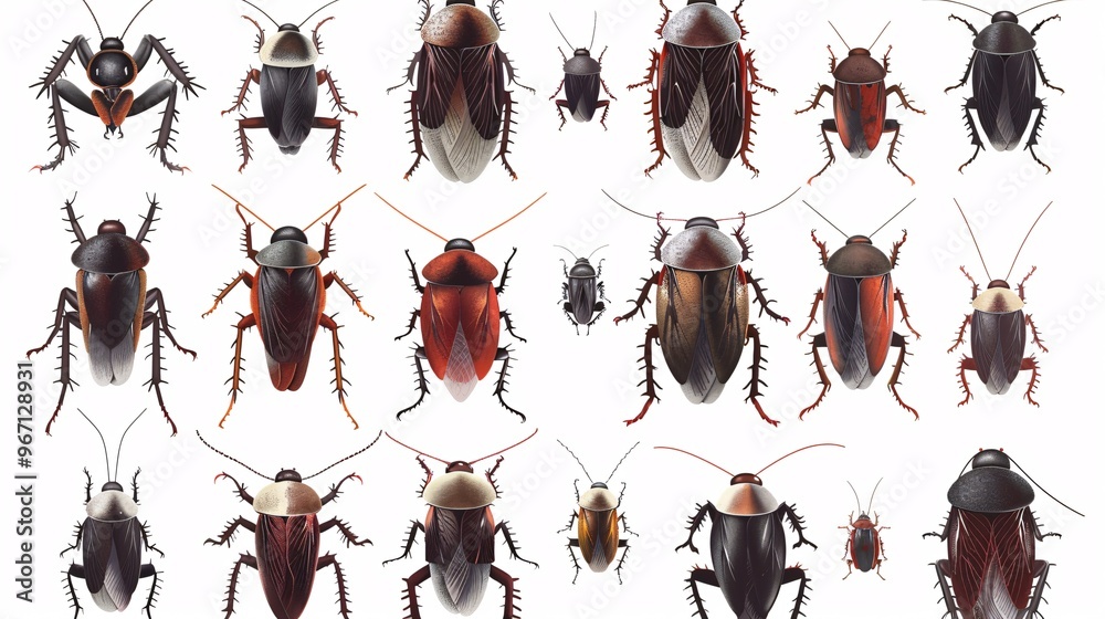 158. Detailed vector illustration of a collection of cockroaches, each ...