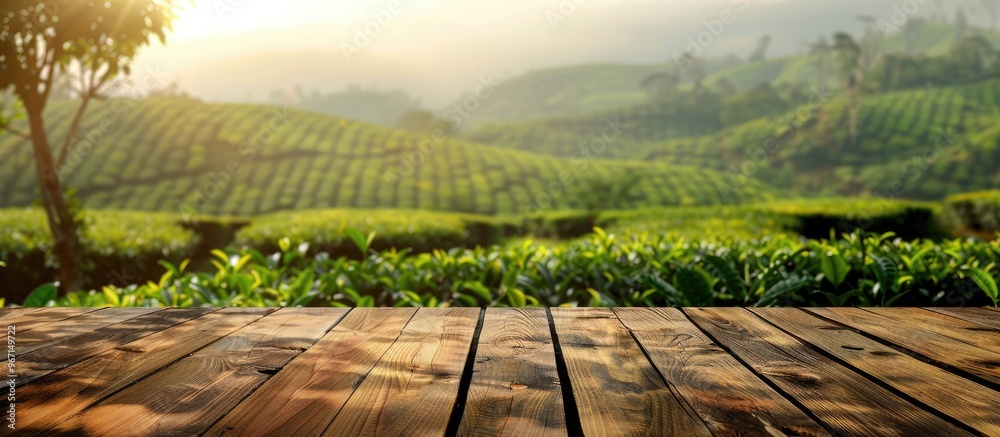 Wooden table with a blurred tea plantation backdrop creating a copy ...