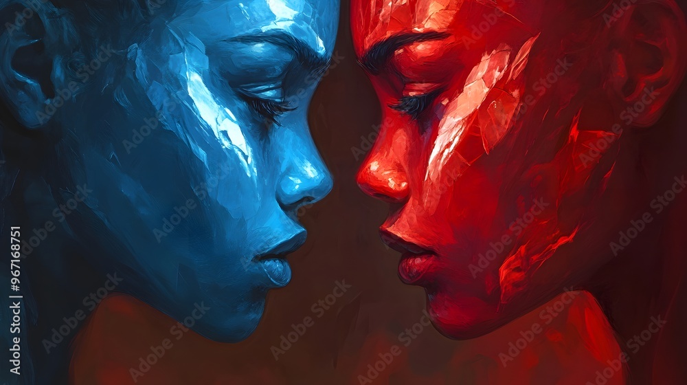 A close-up of blue and red figures, faces inches apart, eyes locked in ...