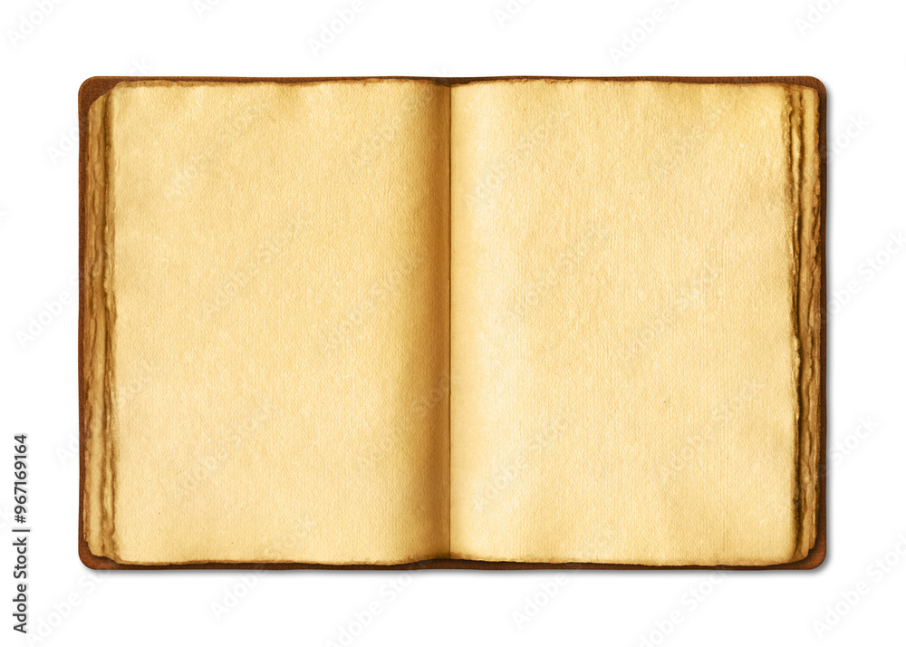 Old open medieval book with worn parchment pages. Isolated on ...