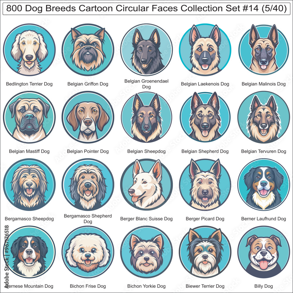 Dog Breeds Cartoon Circular Dog Faces Collection Set of 800 Dog Faces ...