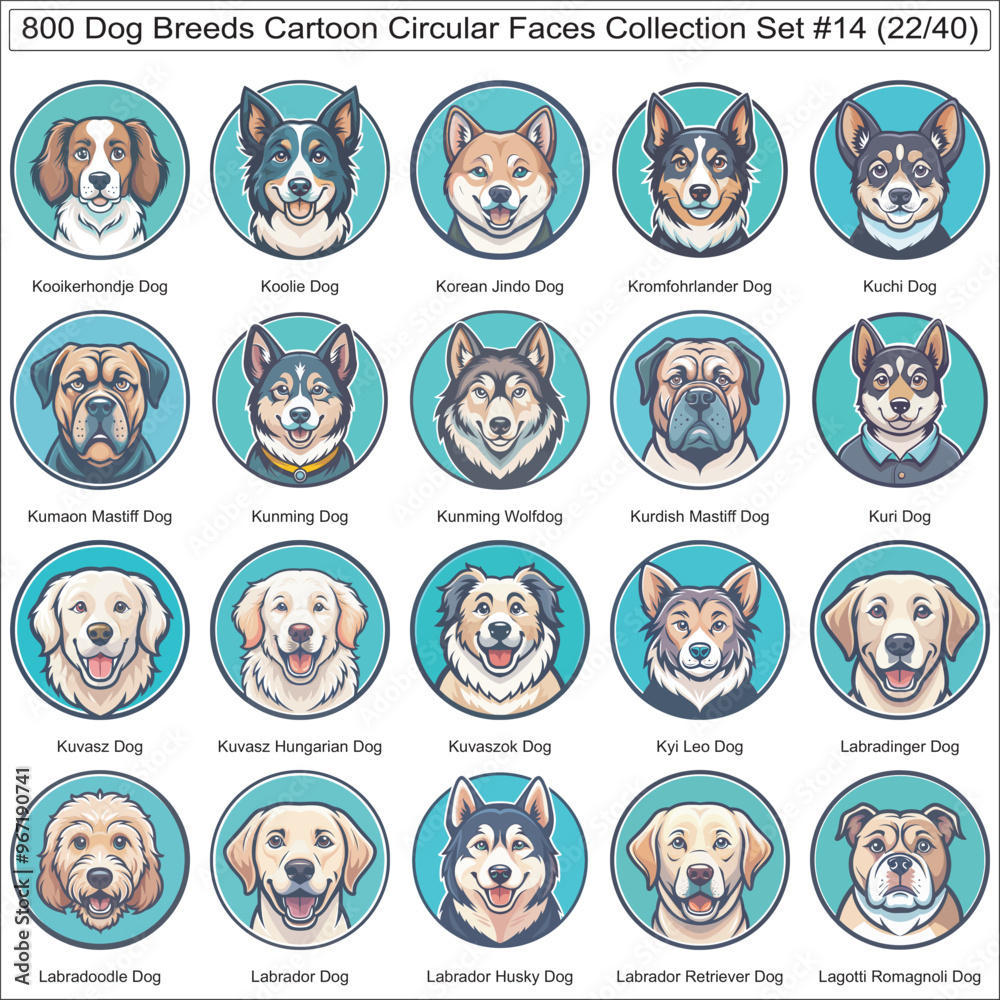 Dog Breeds Cartoon Circular Dog Faces Collection Set of 800 Dog Faces ...