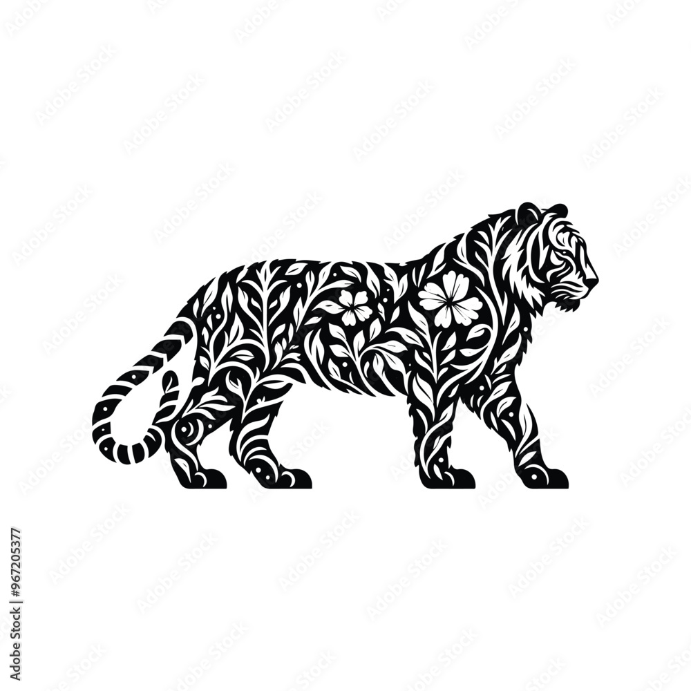Tiger made by simple botanical drawing, black and white animal ...