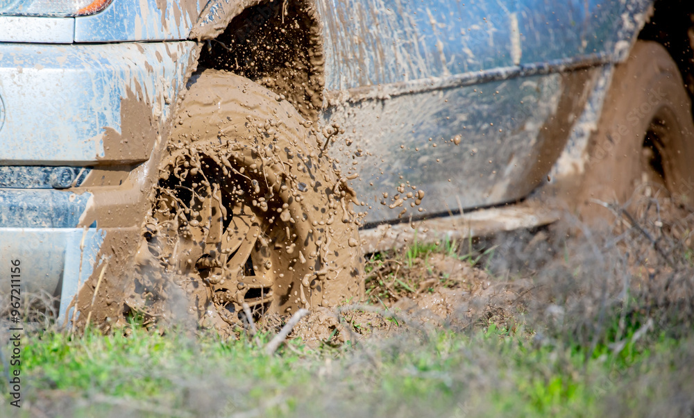Car wheel stuck in mud, motorsport, mud tire testing. Off-road driving ...
