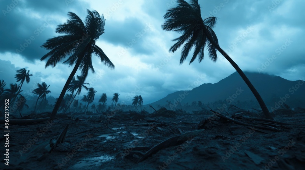 Powerful Hurricane Winds Bending Palm Trees and Destroying Coastal ...