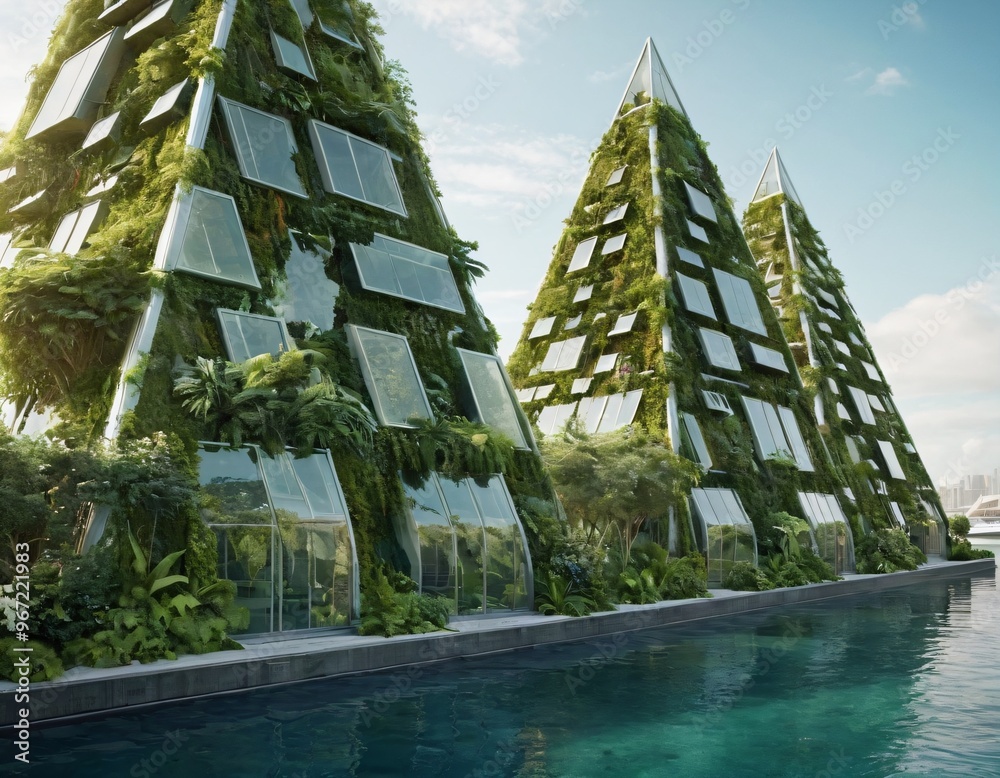 3D futuristic green architecture with a glass pyramid enclosed in vine ...