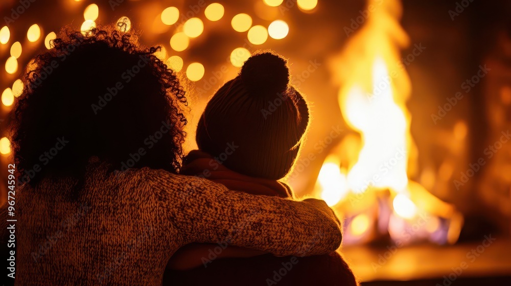 Two women sharing a quiet moment by the fireplace, their hands resting ...