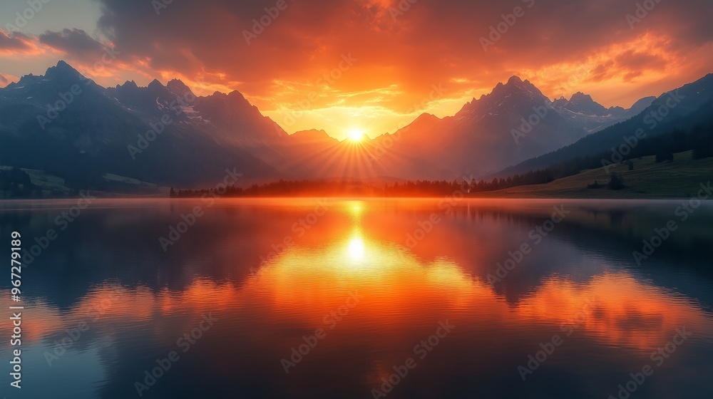 Sunrise over the Swiss Alps, reflecting in an alpine lake. The ...