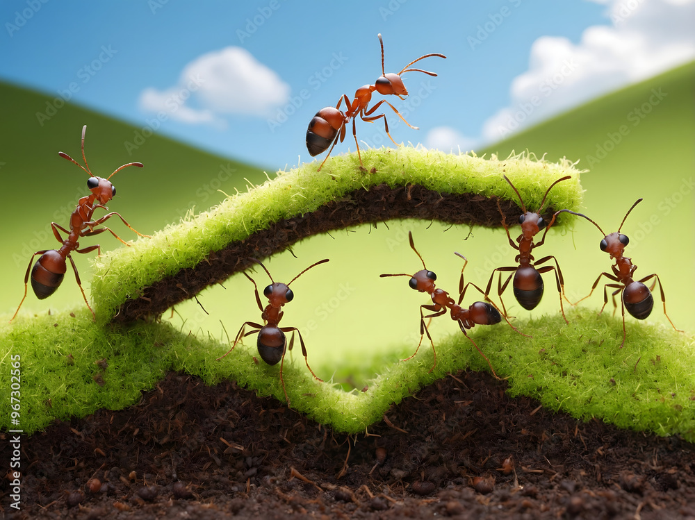 This vibrant image captures a group of ants constructing a natural ...
