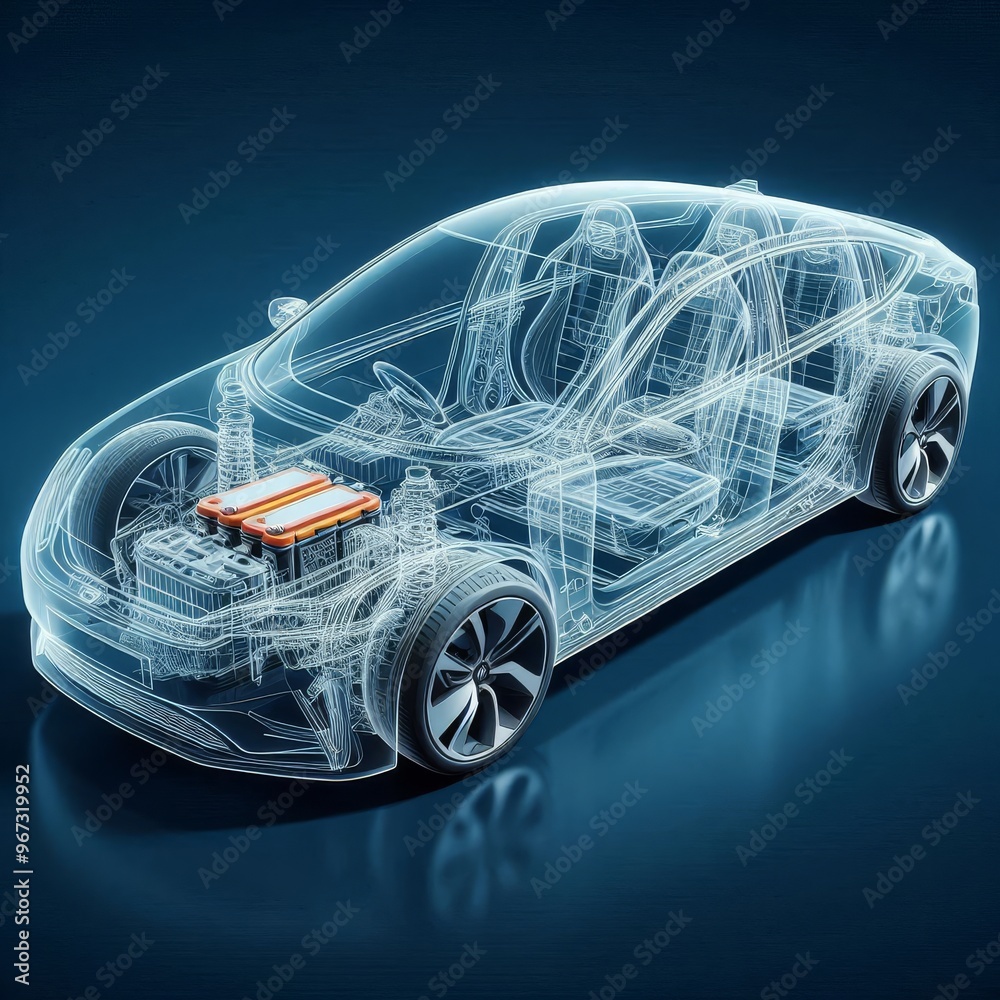 A line art 3D illustration displays a modern electric car chassis x-ray ...