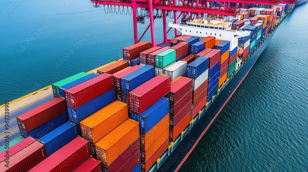 Containers being transferred from ships to waiting trucks at a busy ...