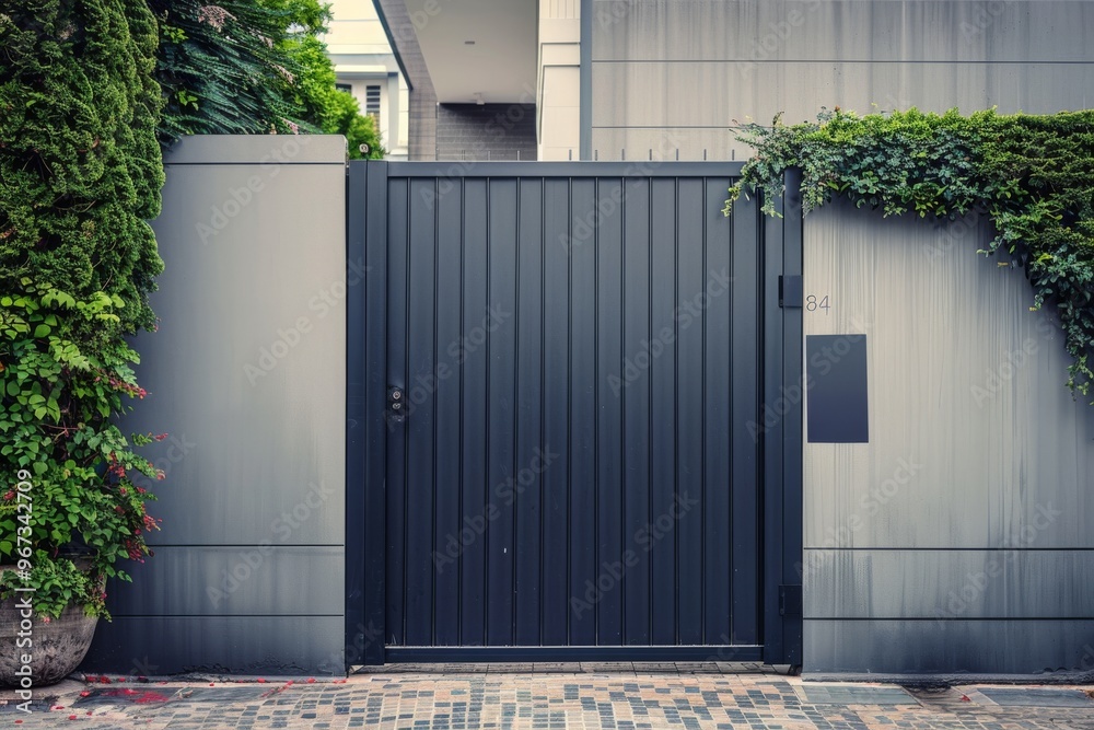 A modern, tall metal gate with vertical slats, surrounded by lush ...