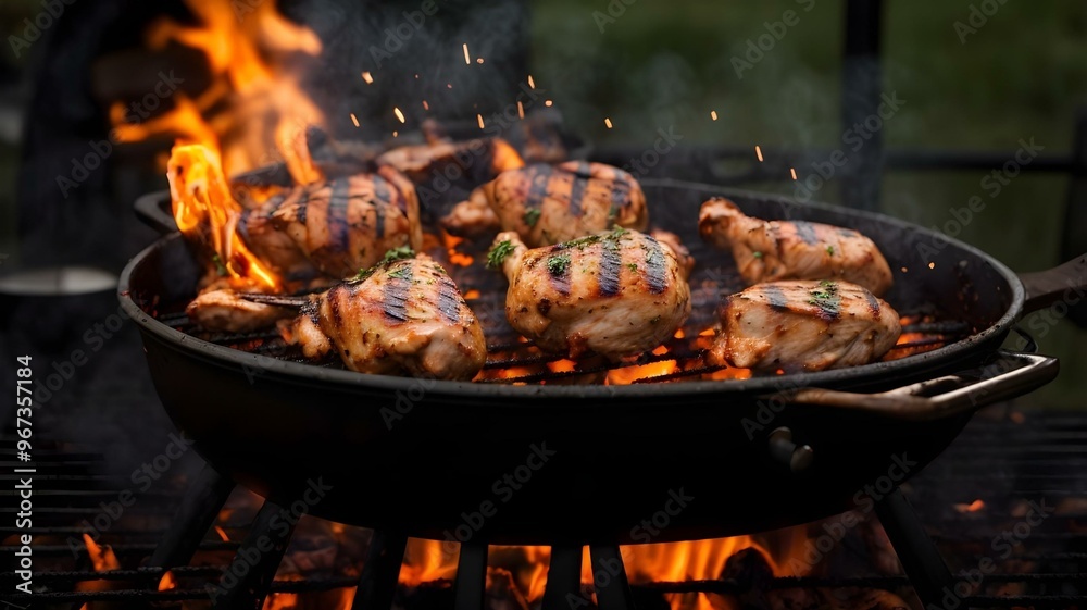 Fiery Grilled Chicken Stew on BBQ Rack with Flames and Sparks, Flames ...
