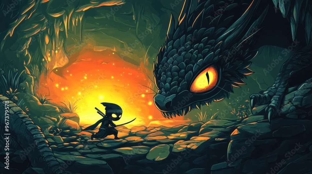 A tiny cartoon ninja sneaking past a sleeping dragon, tiptoeing quietly ...