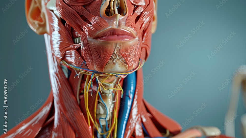 A detailed anatomical model showcasing human muscles, tendons, and ...