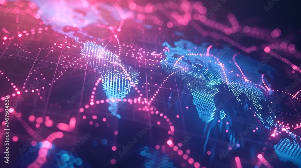 Neon Network Grid with Global Map, Business Theme, Background, Neon ...