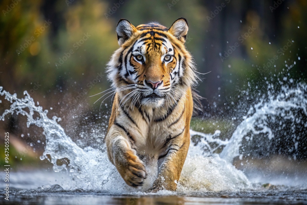 Siberian tiger, Panthera tigris altaica, low angle photo direct face view, running in the water ...