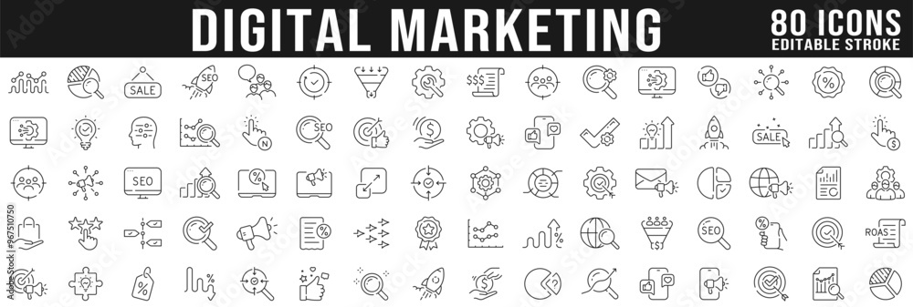 Big set of digital marketing line icons. Management, seo, target, ad ...