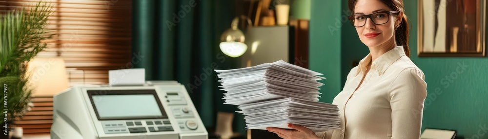 Office worker efficiently managing paperwork, featuring a copier and ...