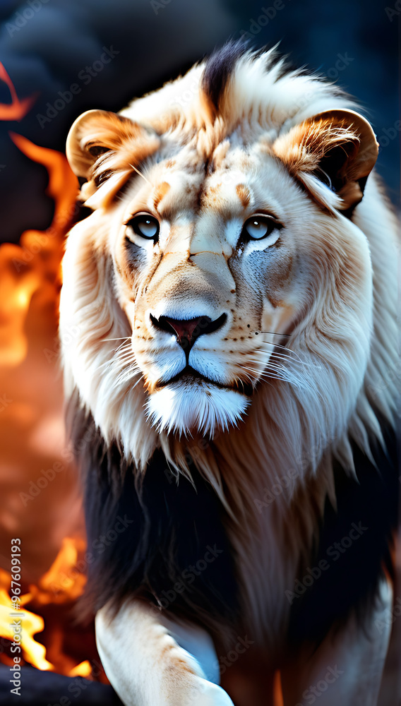 lion judah white albino lion depicted amidst fire smoke ashes embers ...