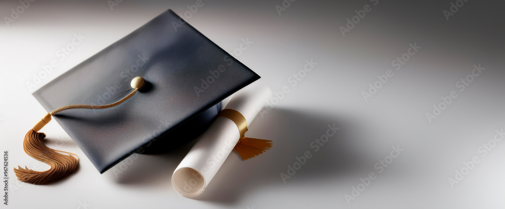Birrete de graduado junto a un pergamino de titulación en un fondo de ...