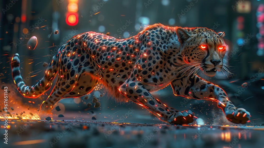 Mechanical cheetah racing through an urban jungle, with neon lights ...
