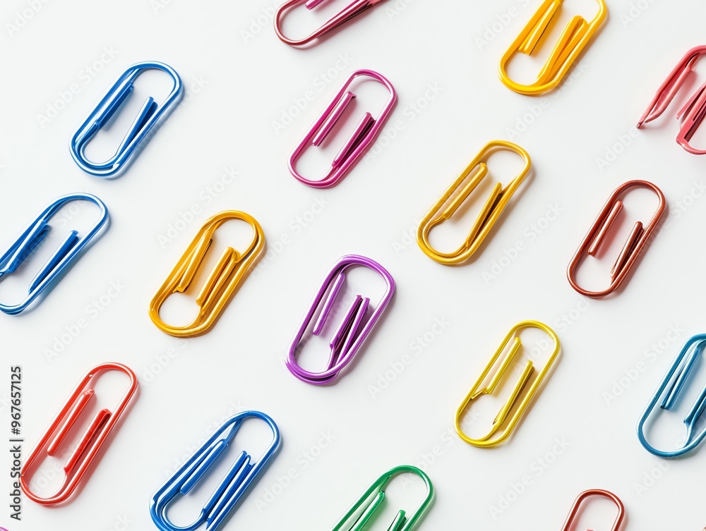 a whole view of multiple colored paper clips arranged on isolated white ...