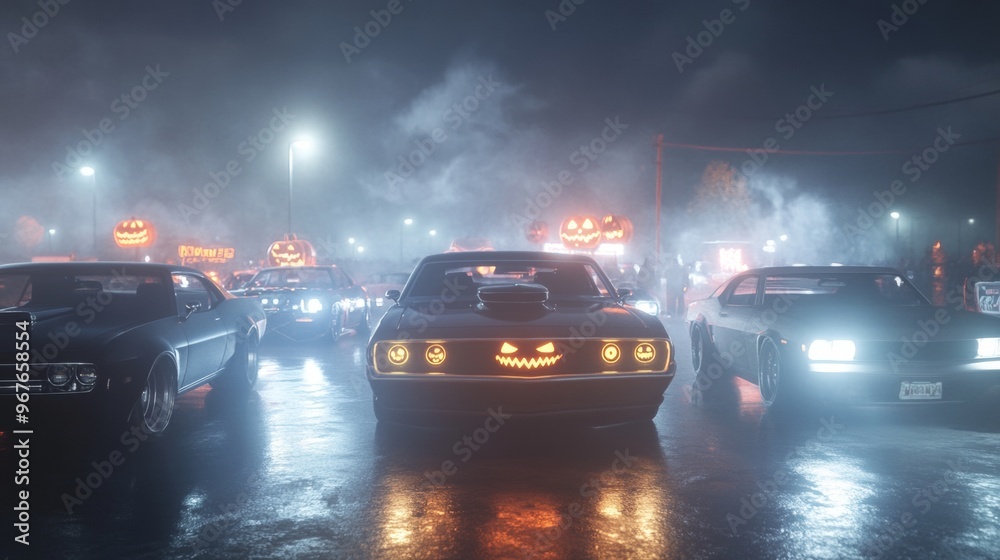 Ilustración de Stock Haunted car festival in a mist-filled parking lot ...