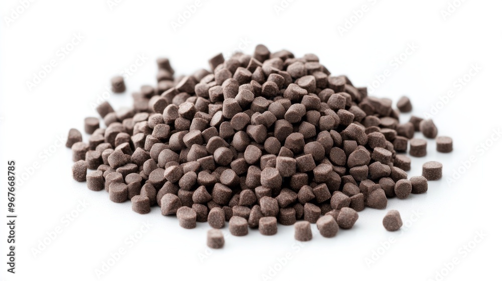 Brown plastic pellets arranged in a neat pile on a white surface ...
