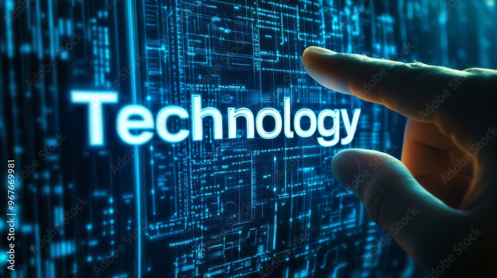 A hand reaching out to touch the word technology illuminated in blue ...