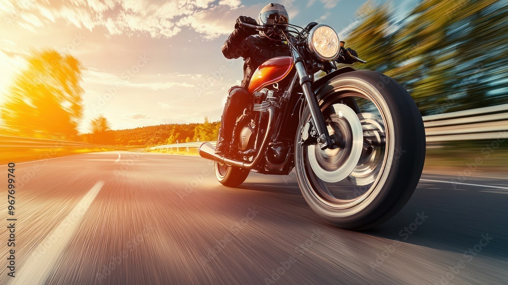 Motorcycle revving up on an open road with motion blur to convey speed ...