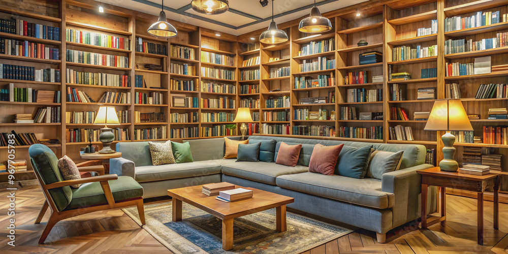 Cozy bookstore interior with rows of books and comfortable seating ...