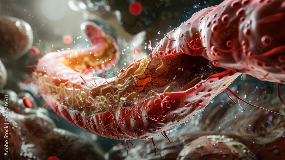 Cross-section of a pancreas affected by pancreatitis, depicting ...