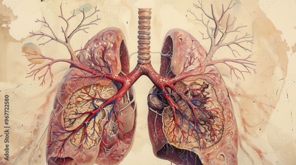Cross-section of the human lung, showing the bronchi, alveoli, and ...