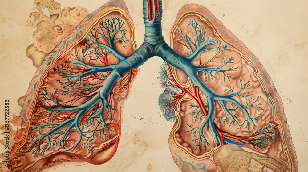 Cross-section of the human lung, showing the bronchi, alveoli, and ...