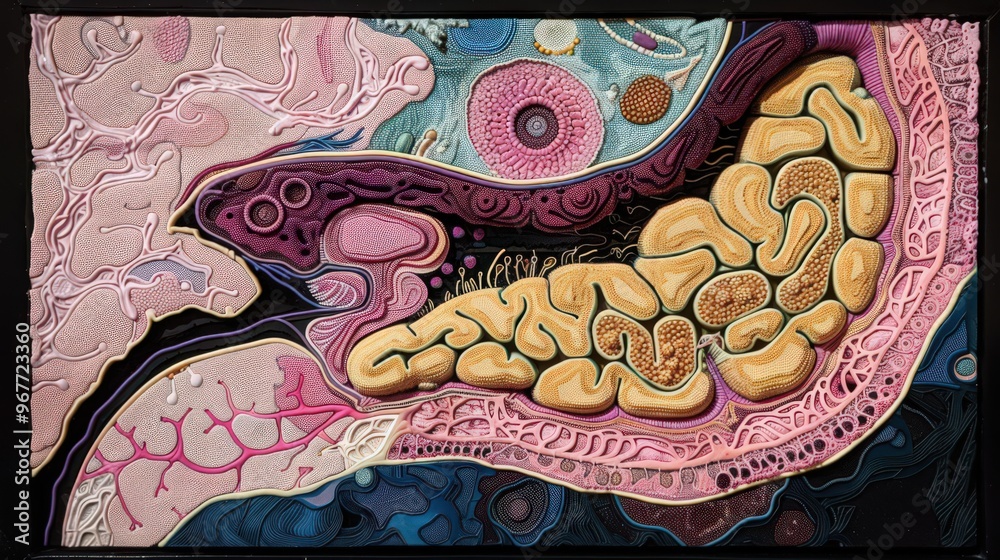 Cross-section of the pancreas, showing its endocrine and exocrine ...