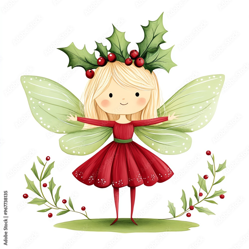 Charming Christmas fairy with holly crown and wings, spreading festive ...