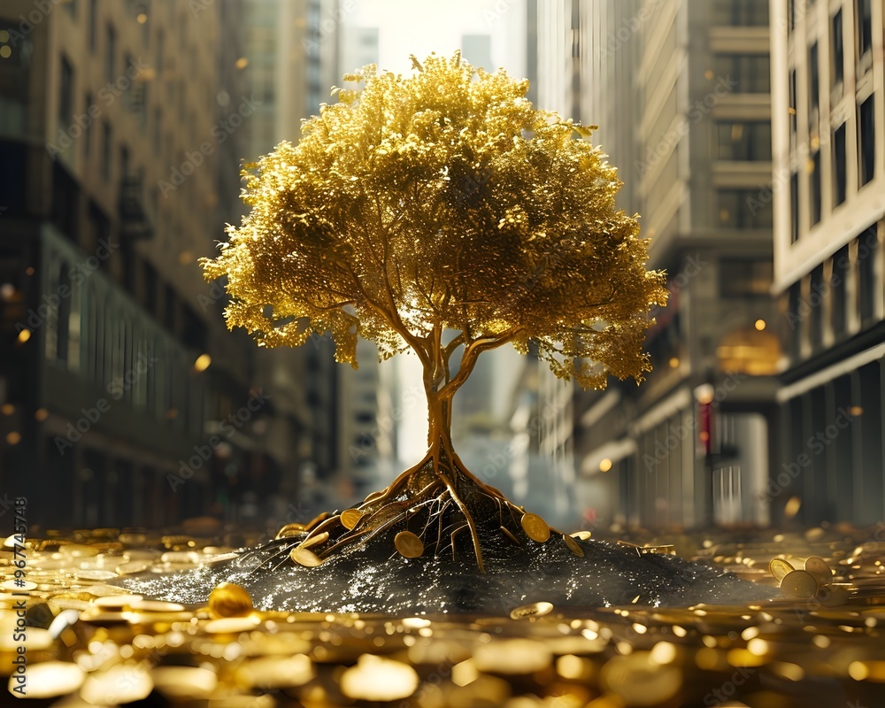 Golden Coin Tree Thriving in Bustling Financial District Symbolizing ...